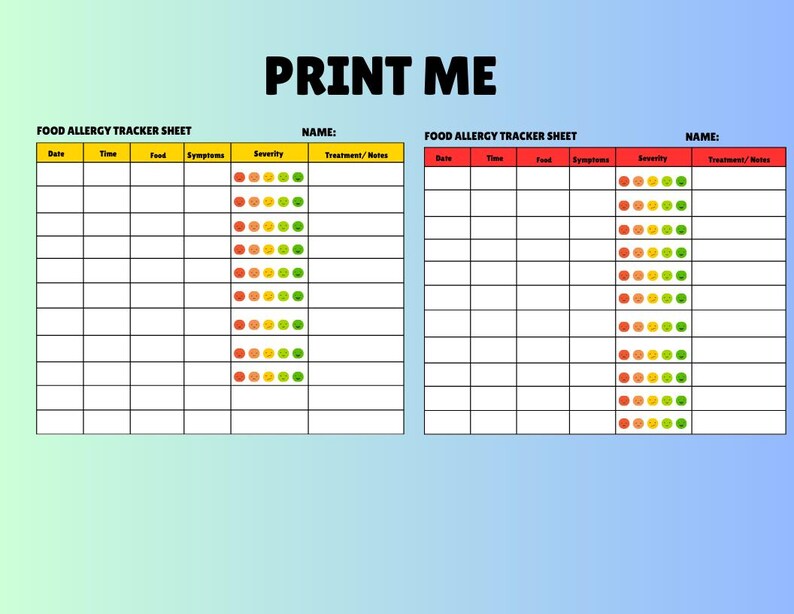 Printable Food Allergy Tracker Sheet, Food and Symptom Diary, Food ...