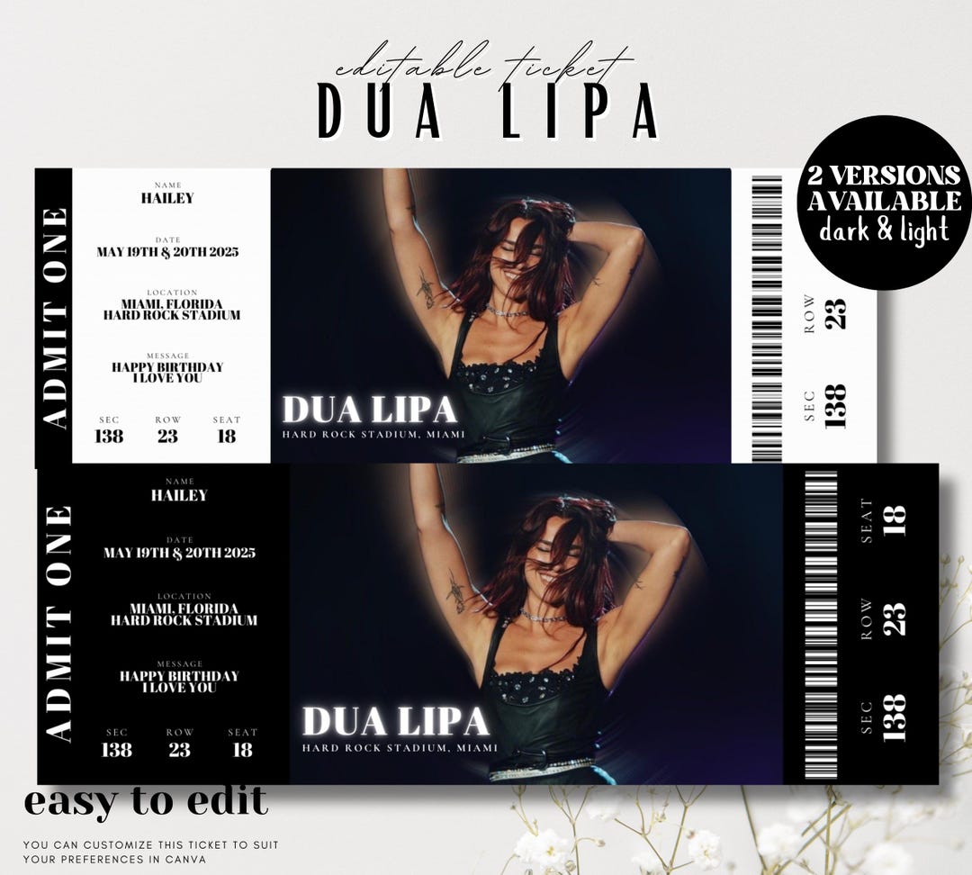 Dua Lipa Memorabilia Ticket Template, Radical Optimism Tour Ticket ...