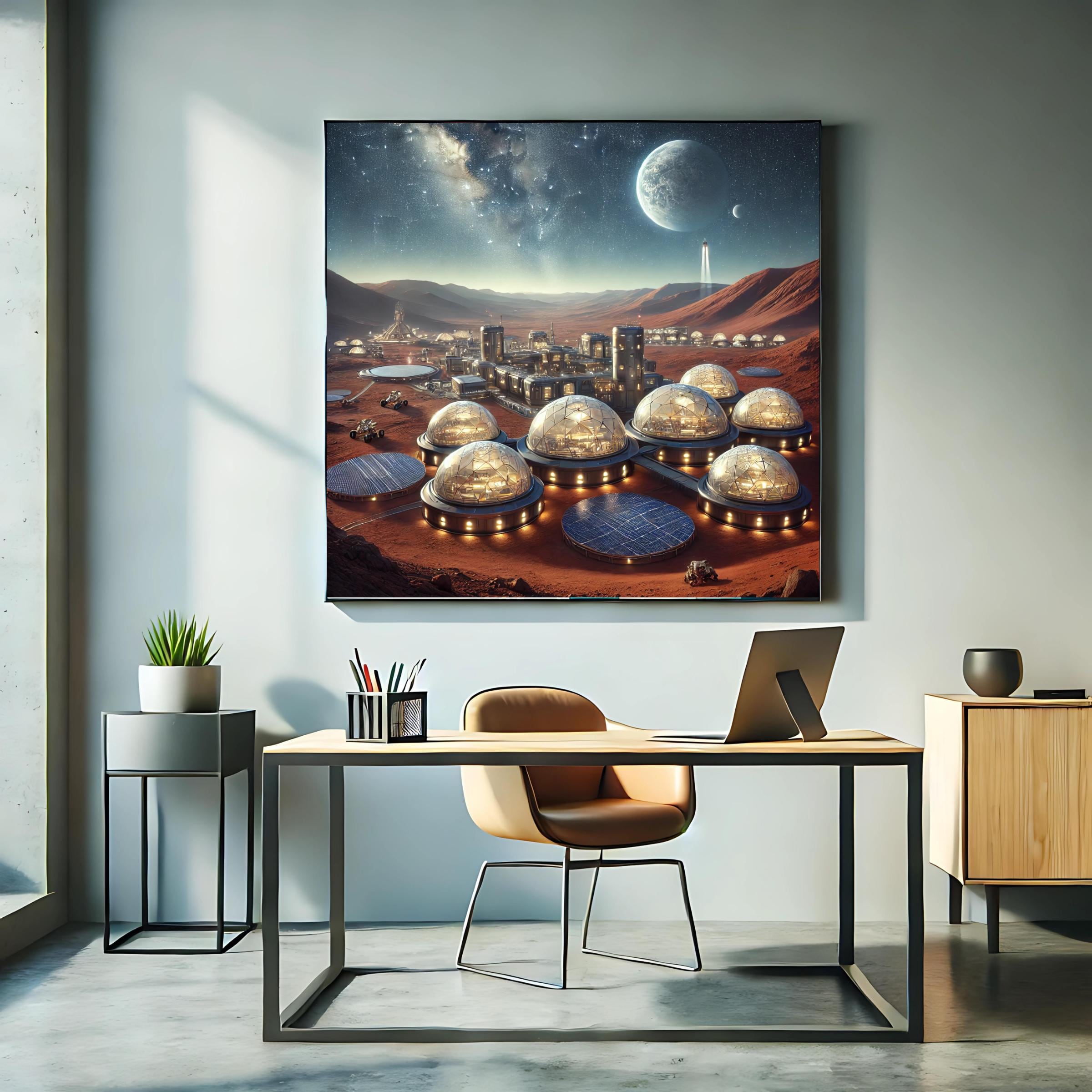 Mars Colony at Night: Glowing Habitats, Rocky Terrain, and Starry Sky ...