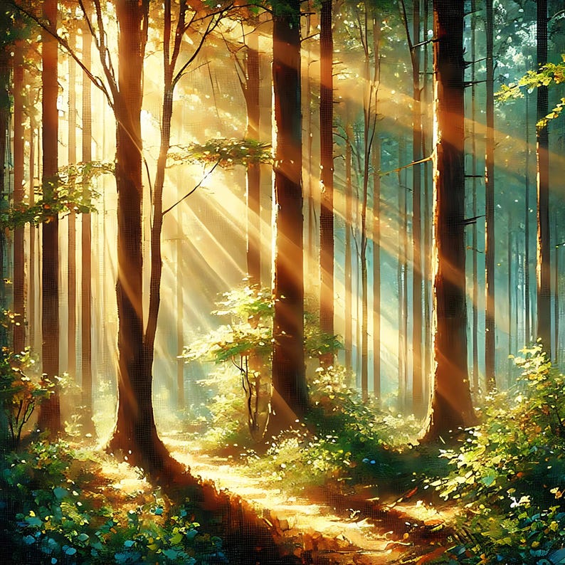 Sunlit Serenity: A Painterly Forest Scene With Glowing Trees and Gentle ...