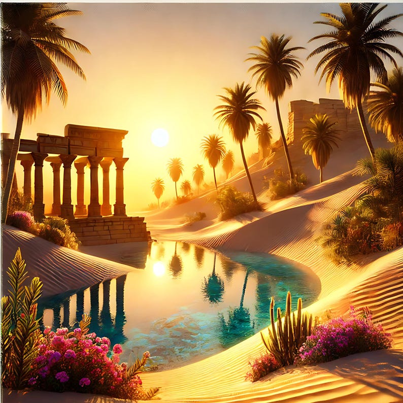 Ancient Desert Oasis: Crystal Pool, Palm Trees, and Sunlit Sand Dunes ...