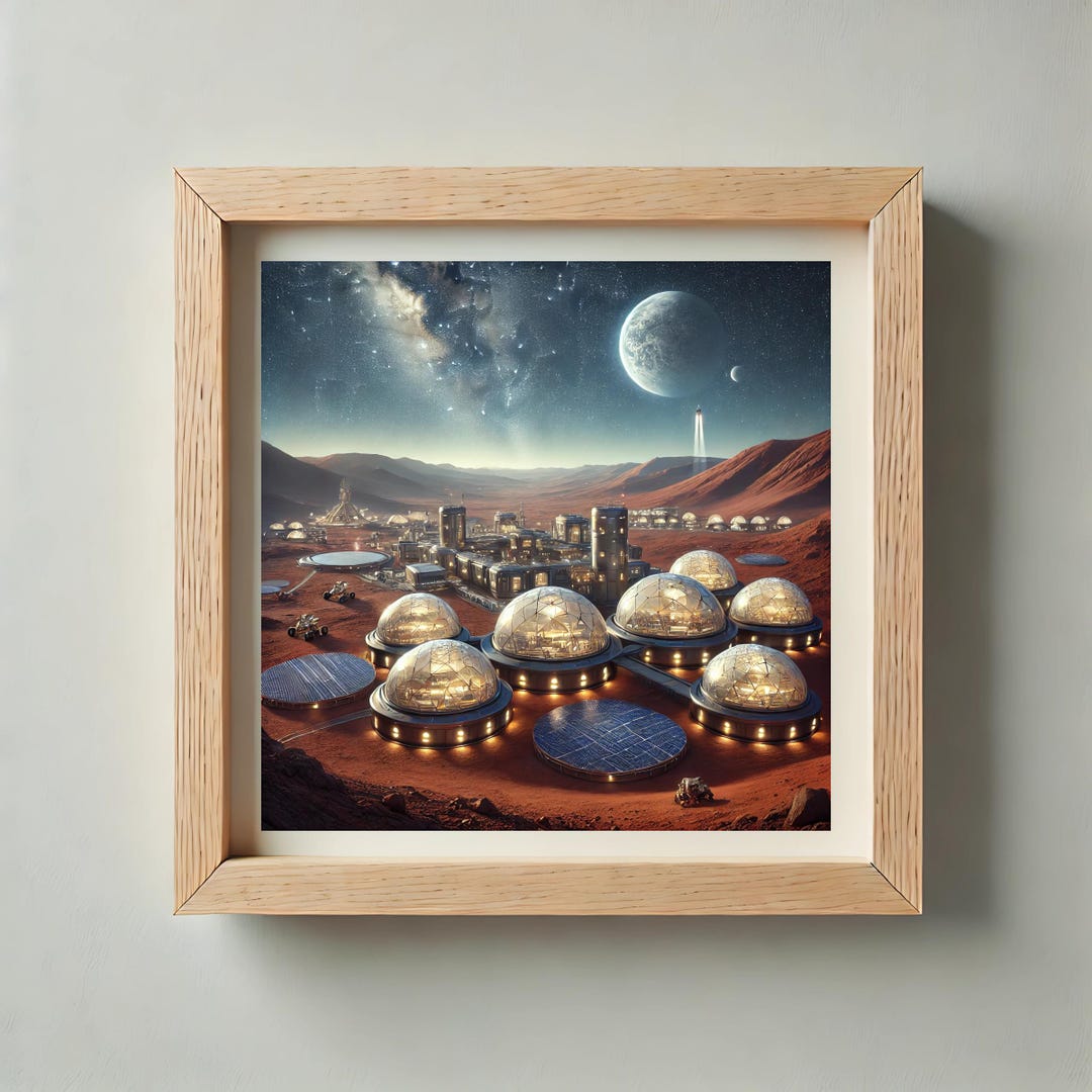 Mars Colony at Night: Glowing Habitats, Rocky Terrain, and Starry Sky ...
