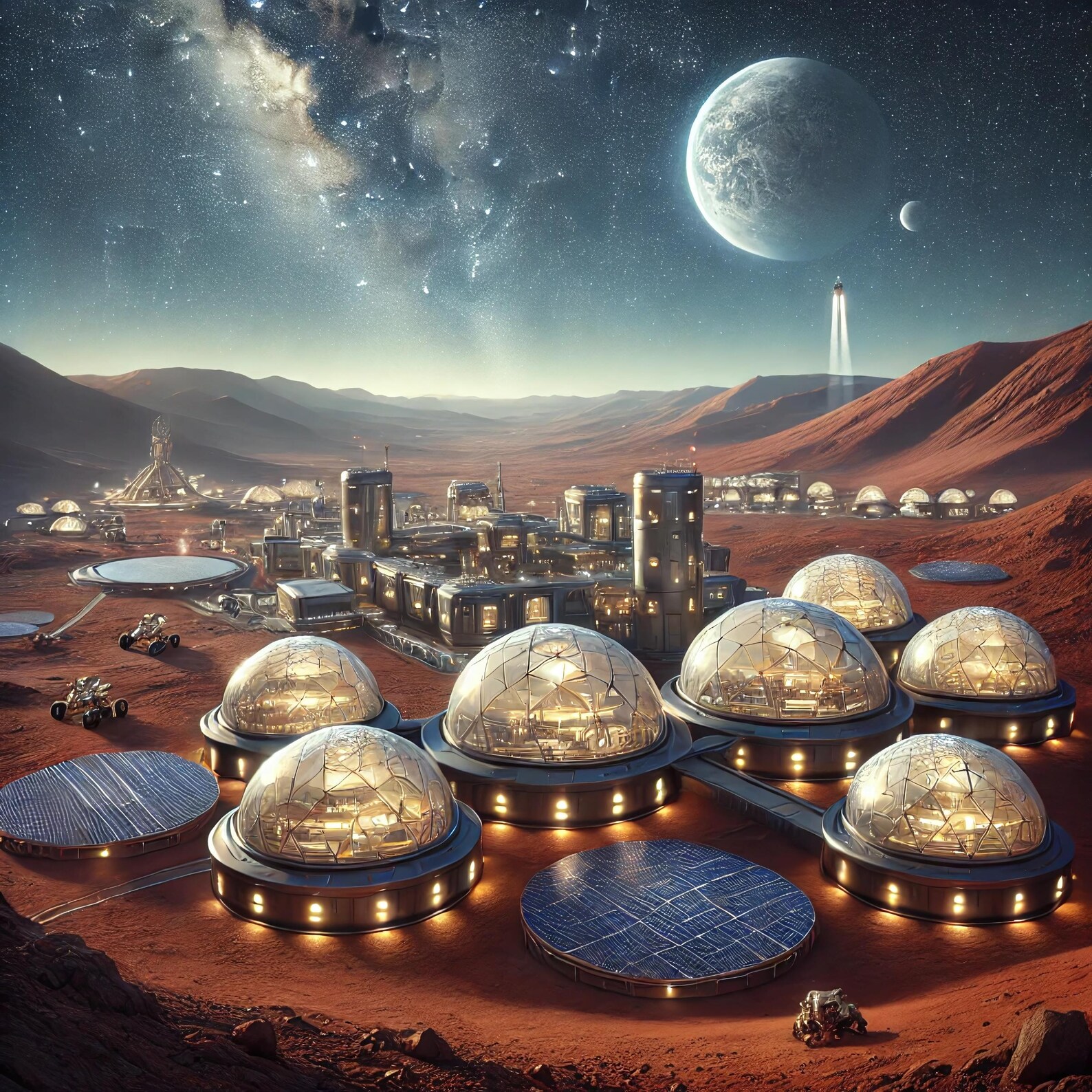 Mars Colony at Night: Glowing Habitats, Rocky Terrain, and Starry Sky ...