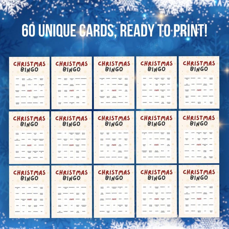 Christmas Bingo, 60 Printable Christmas Bingo Cards, Xmas Family Games ...