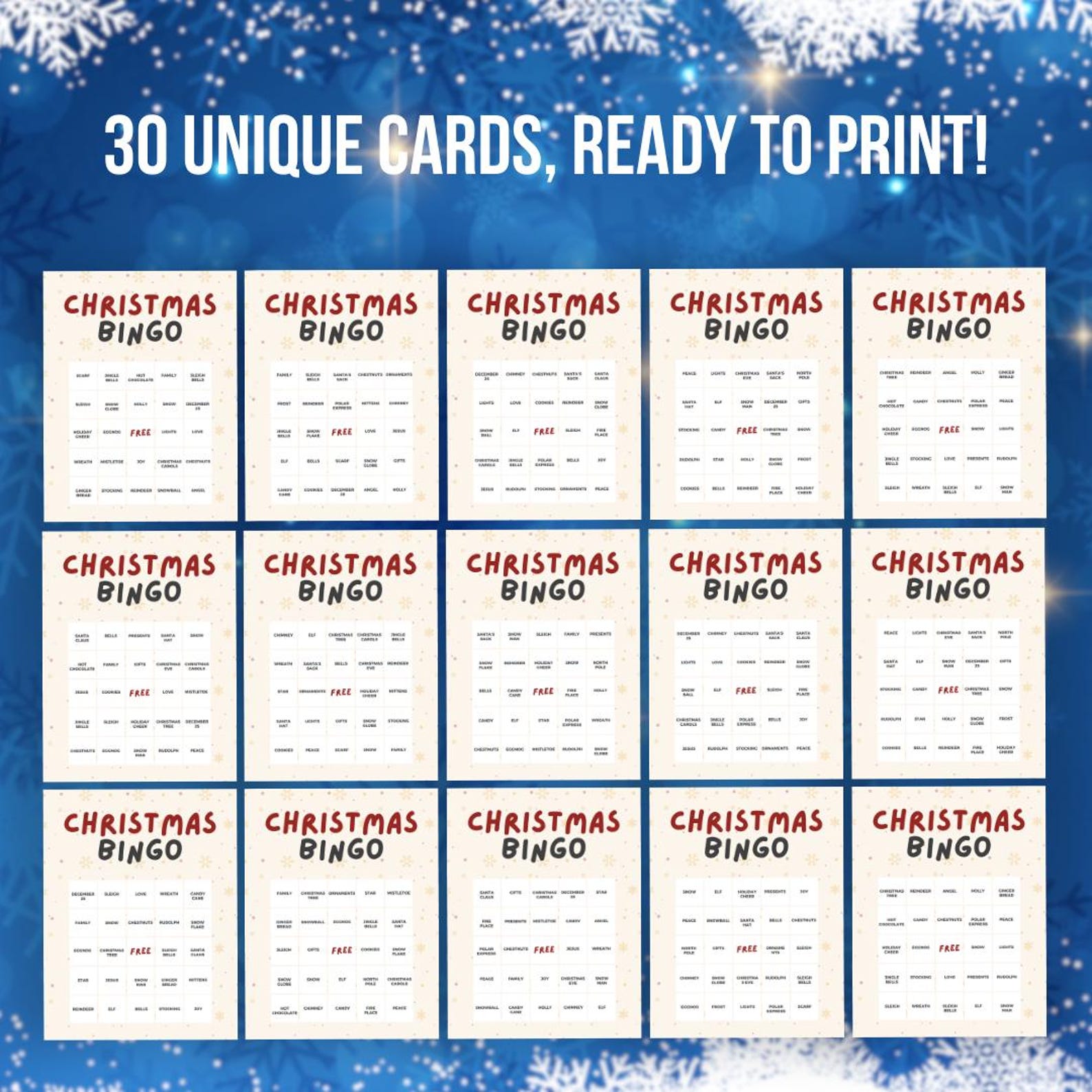 Christmas Bingo, 30 Printable Christmas Bingo Cards, Xmas Family Games ...