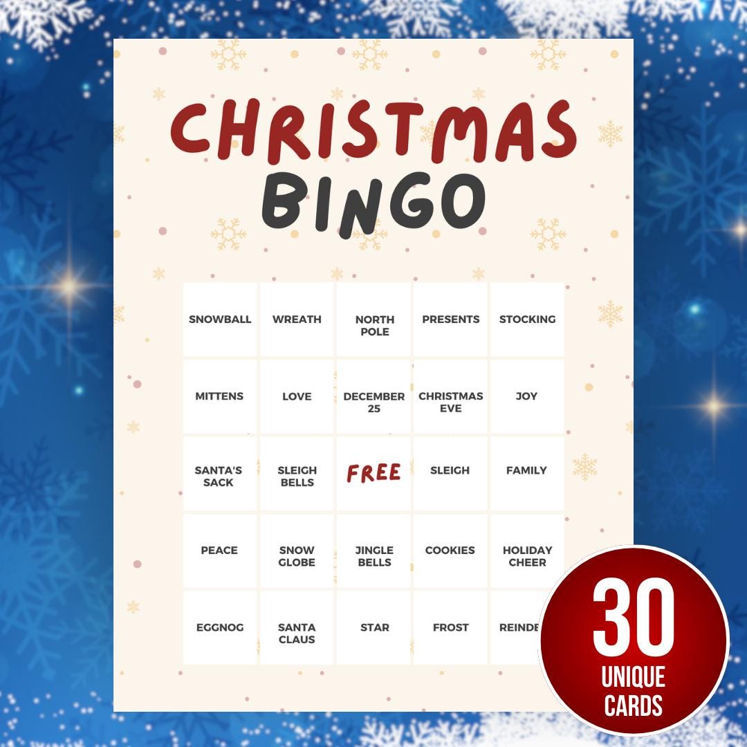 Christmas Bingo, 30 Printable Christmas Bingo Cards, Xmas Family Games ...