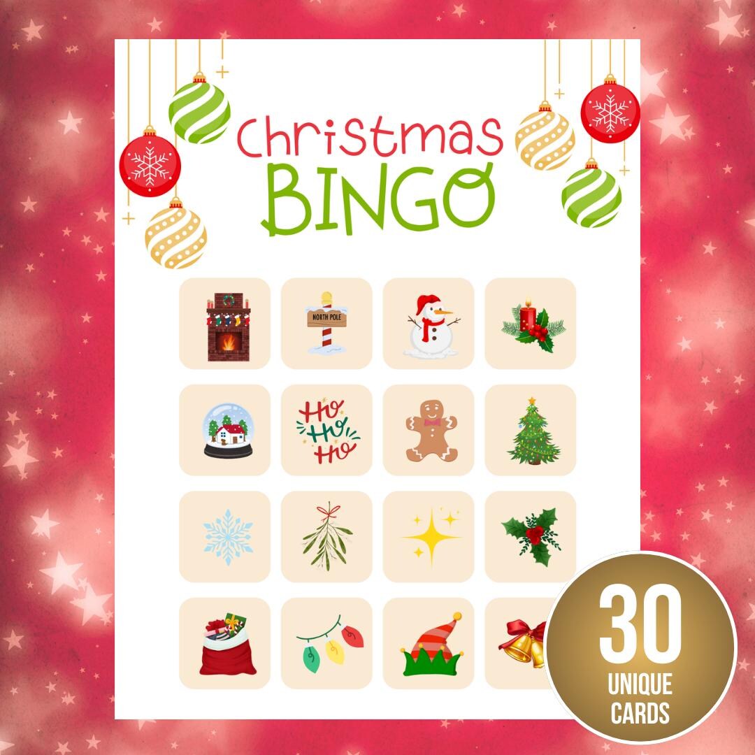 Christmas Bingo, 30 Printable Christmas Bingo Cards, Xmas Family Games ...