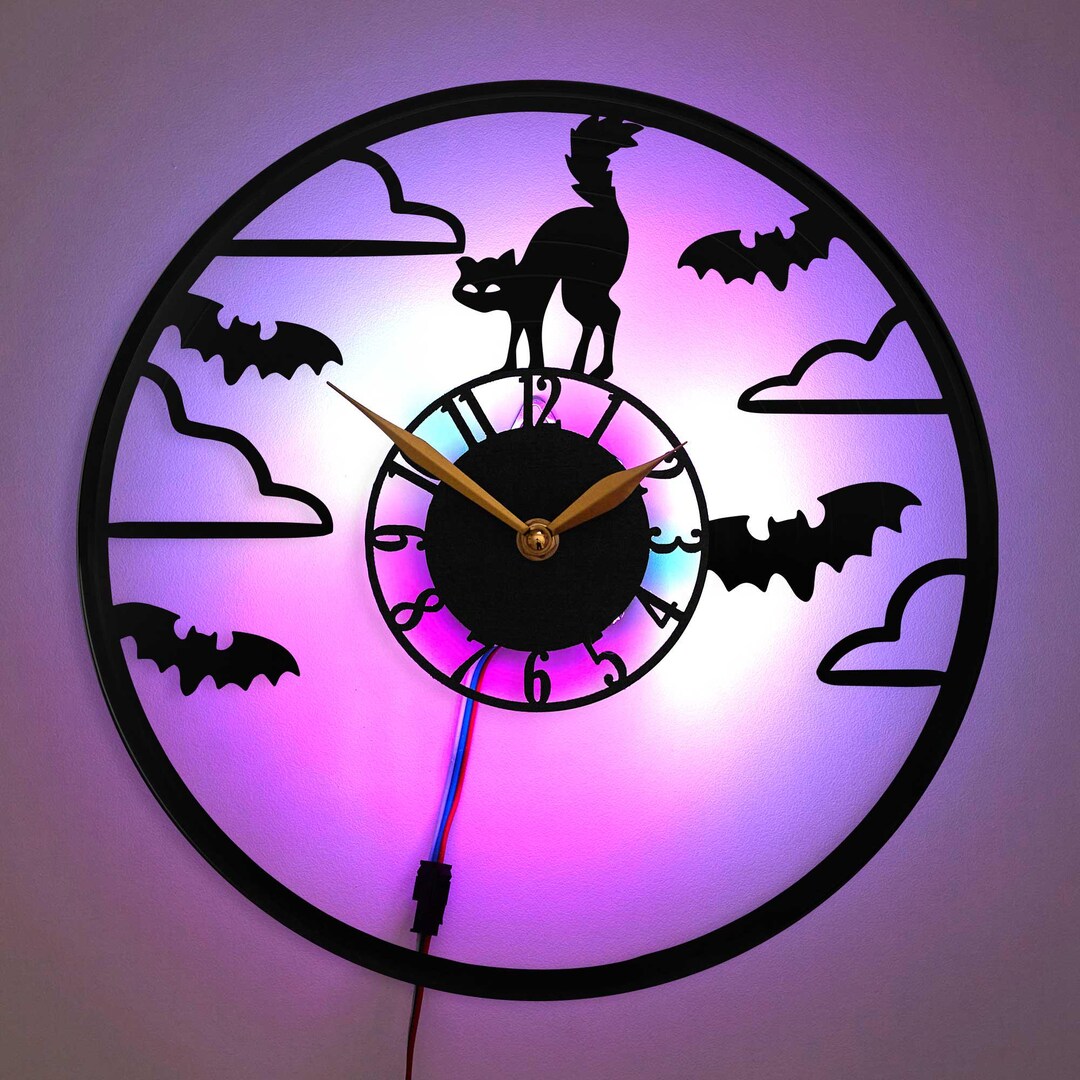 Halloween Wall Clock, Cat and Bats Clock, Black Cat Clock - Etsy