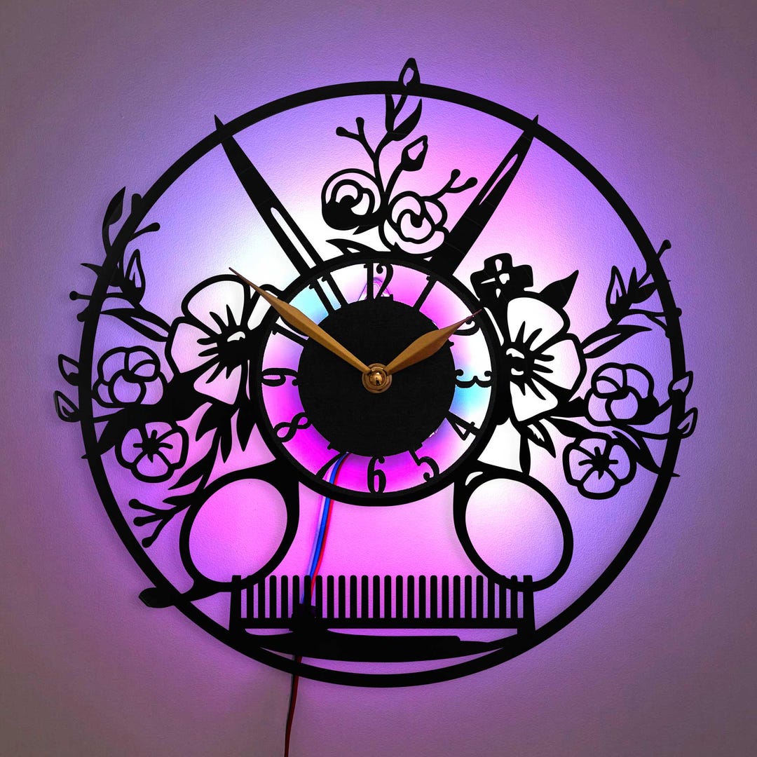 Hairdresser Wall Clock With LED, Floral Scissors Wall Clock, Barber ...