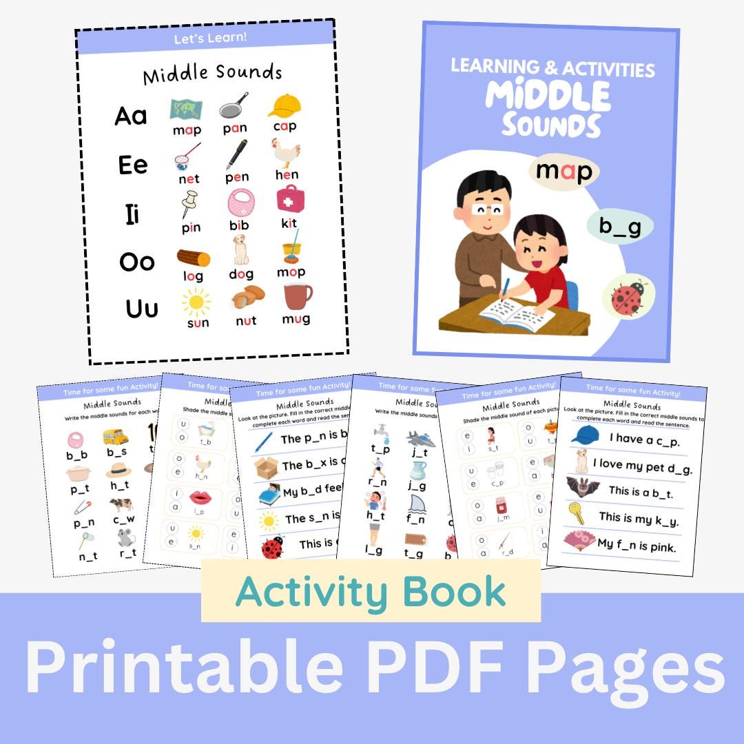 Learn Middle Sounds, Printable Phonics Activities for Kids, Includes ...