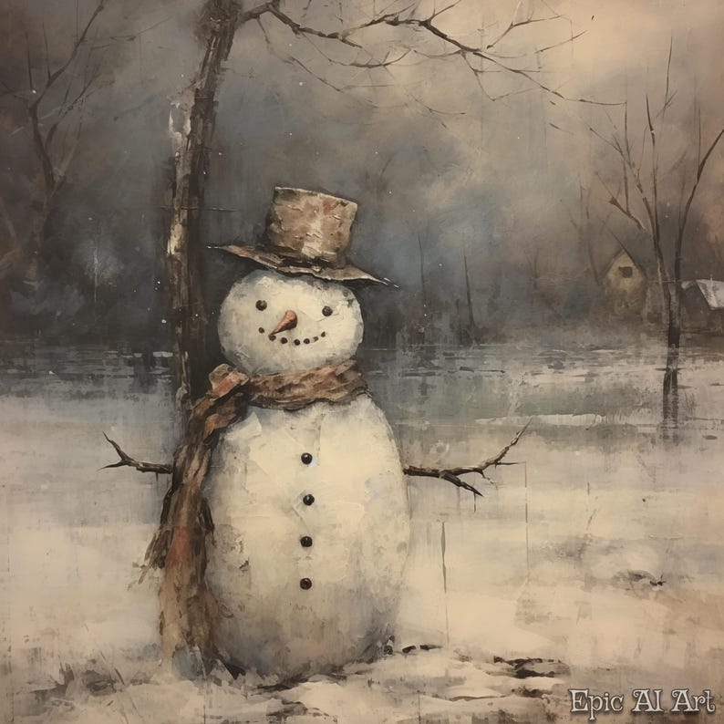 Vintage Snowman Art Print Rustic Winter Scene, Charming Holiday Decor ...