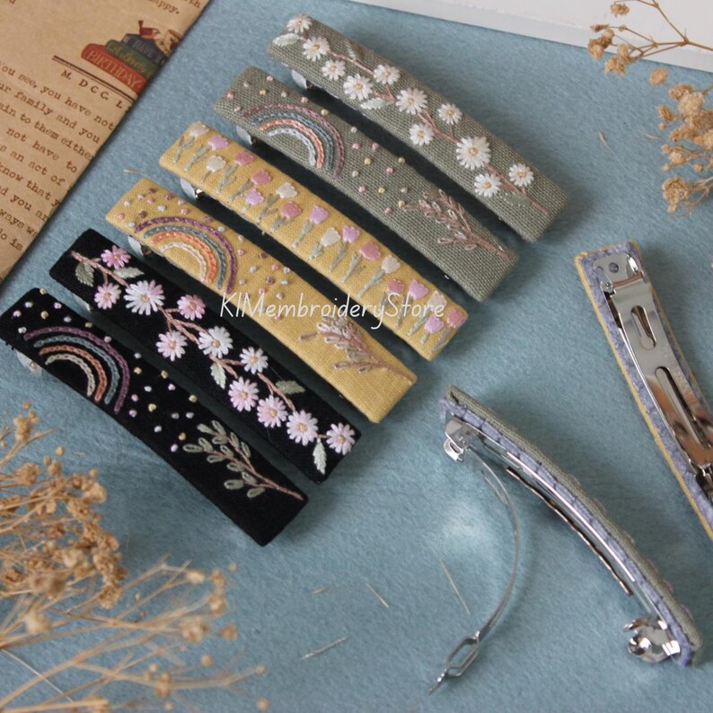 France Barrette| Hand Embroidered Linen Hair Clip, Floral Hair ...