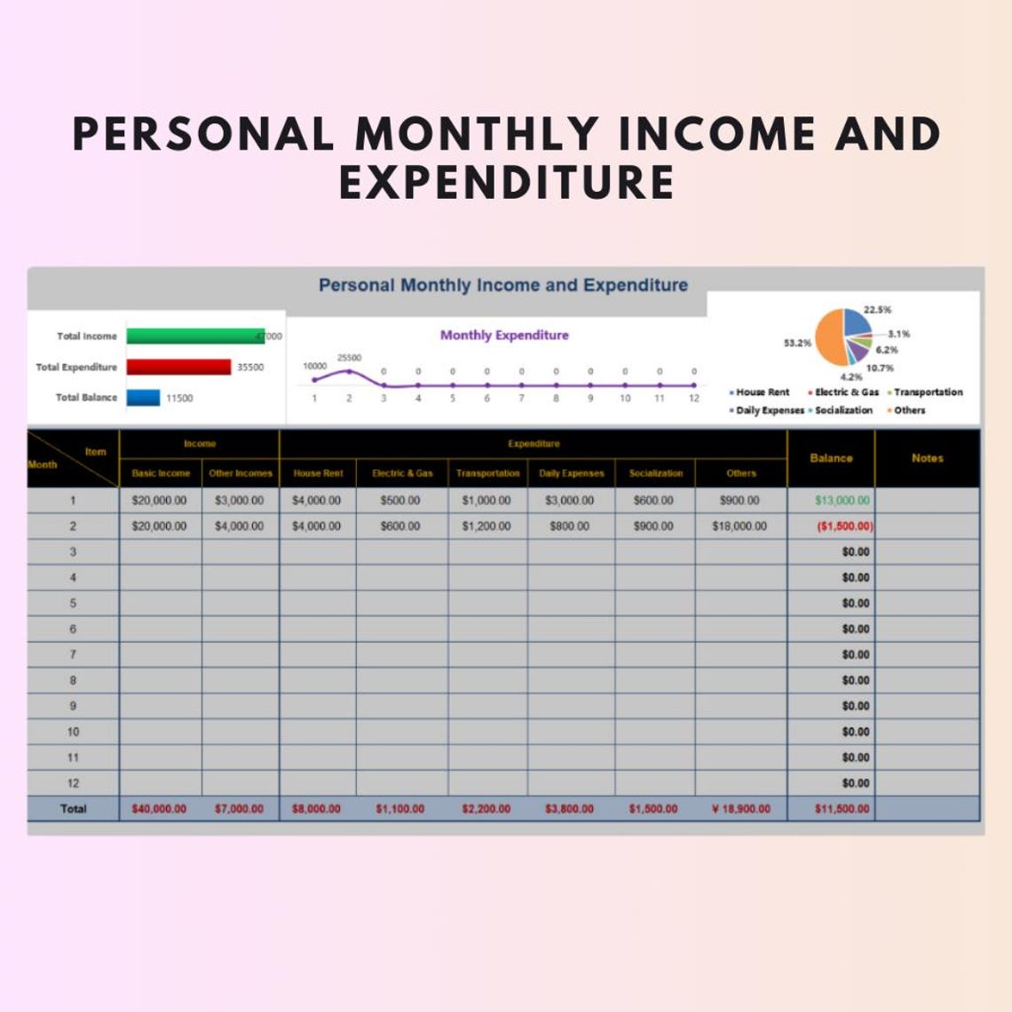 50 Sets Income and Expenses Excel Template : Bookkeeping | Finance ...