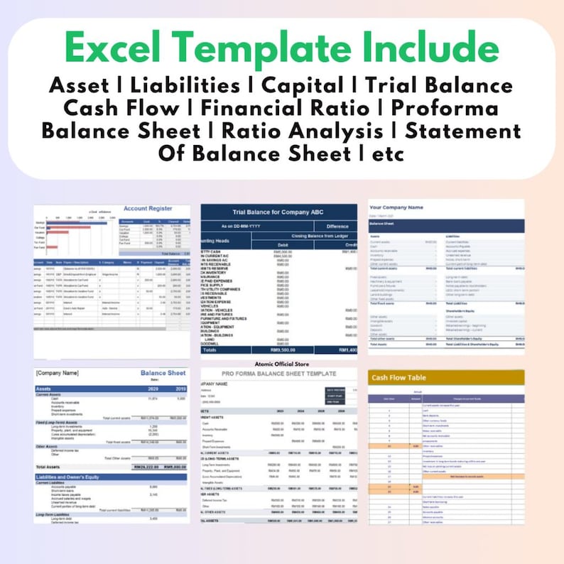 20 Sets Balance Sheet Excel Template : Asset ǀ Liabilities ǀ Capital ǀ ...