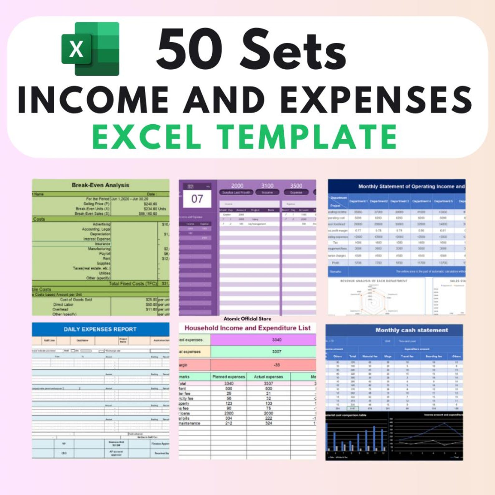 50 Sets Income and Expenses Excel Template : Bookkeeping | Finance ...