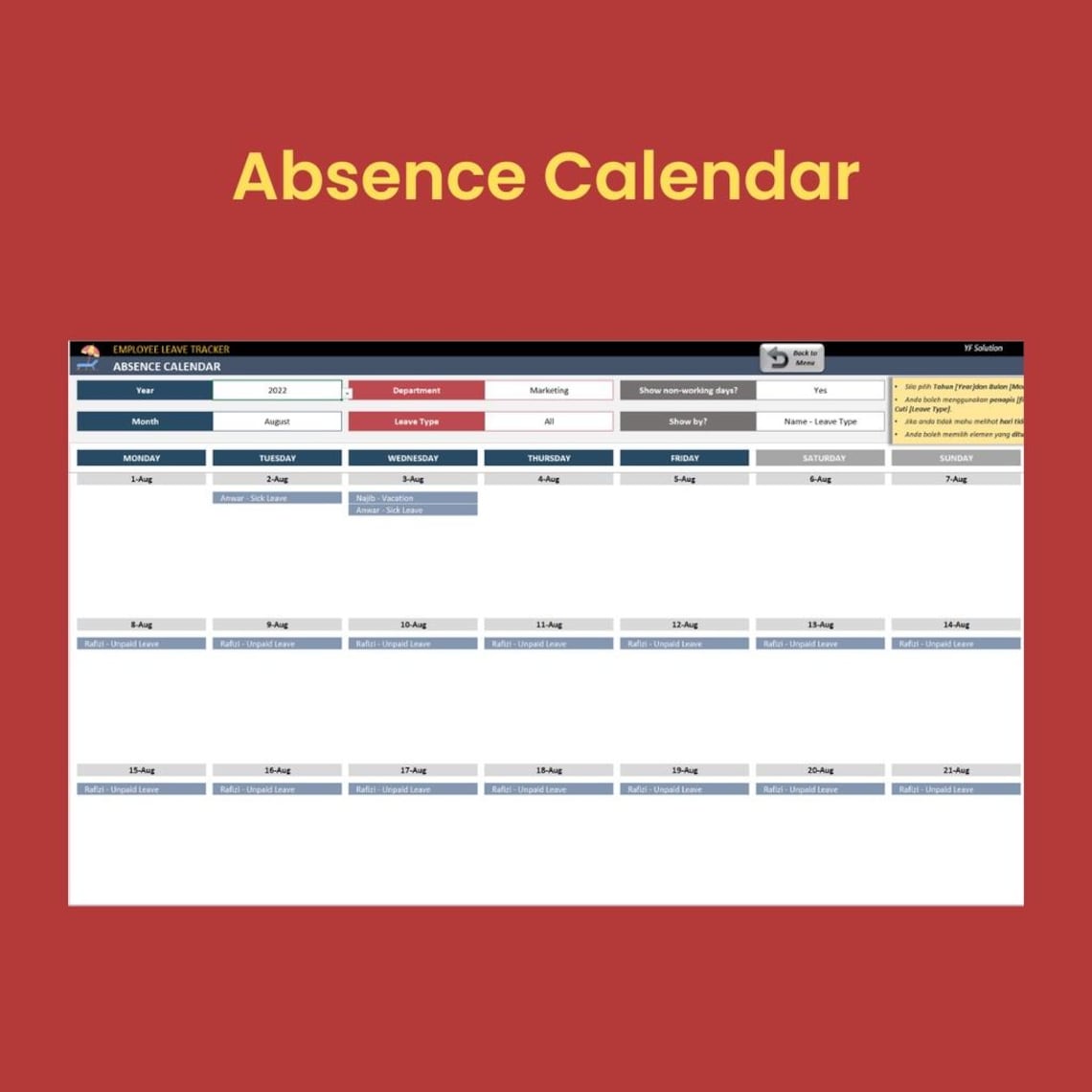 Employee Leave Tracker | Excel Dashboard Template | Microsoft Excel ...