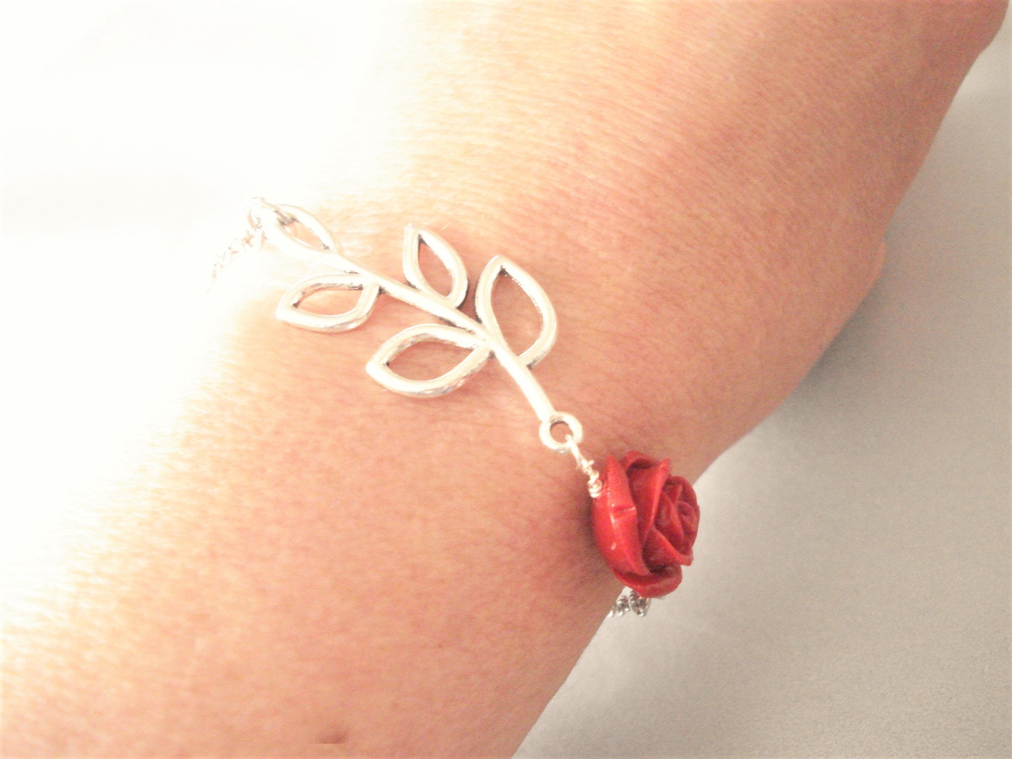 Red Rose Bracelet Silver Leaf Branch Bracelet Rose Jewelry | Etsy