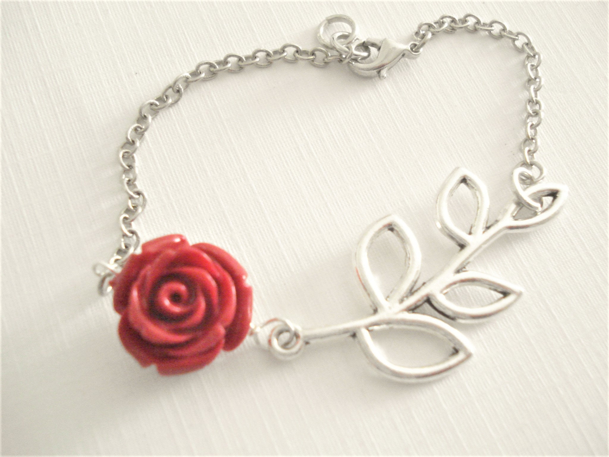 Red Rose Bracelet Silver Leaf Branch Bracelet Rose Jewelry | Etsy