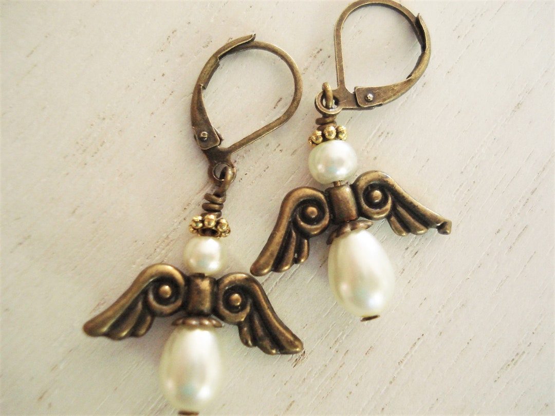 Angel Earrings Brass Angels With Pearls Angel Wing Earrings Angel ...