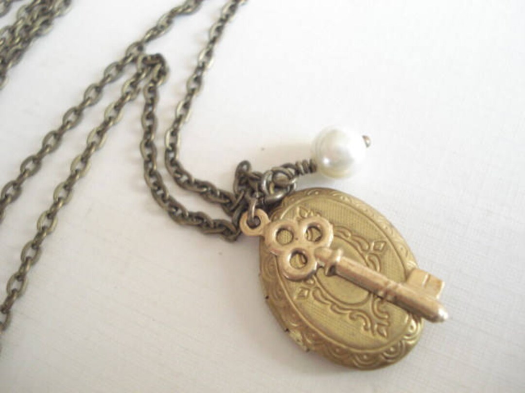 Gold Locket Necklace Magical Gold Key With Pearl Pendant Secret Small ...