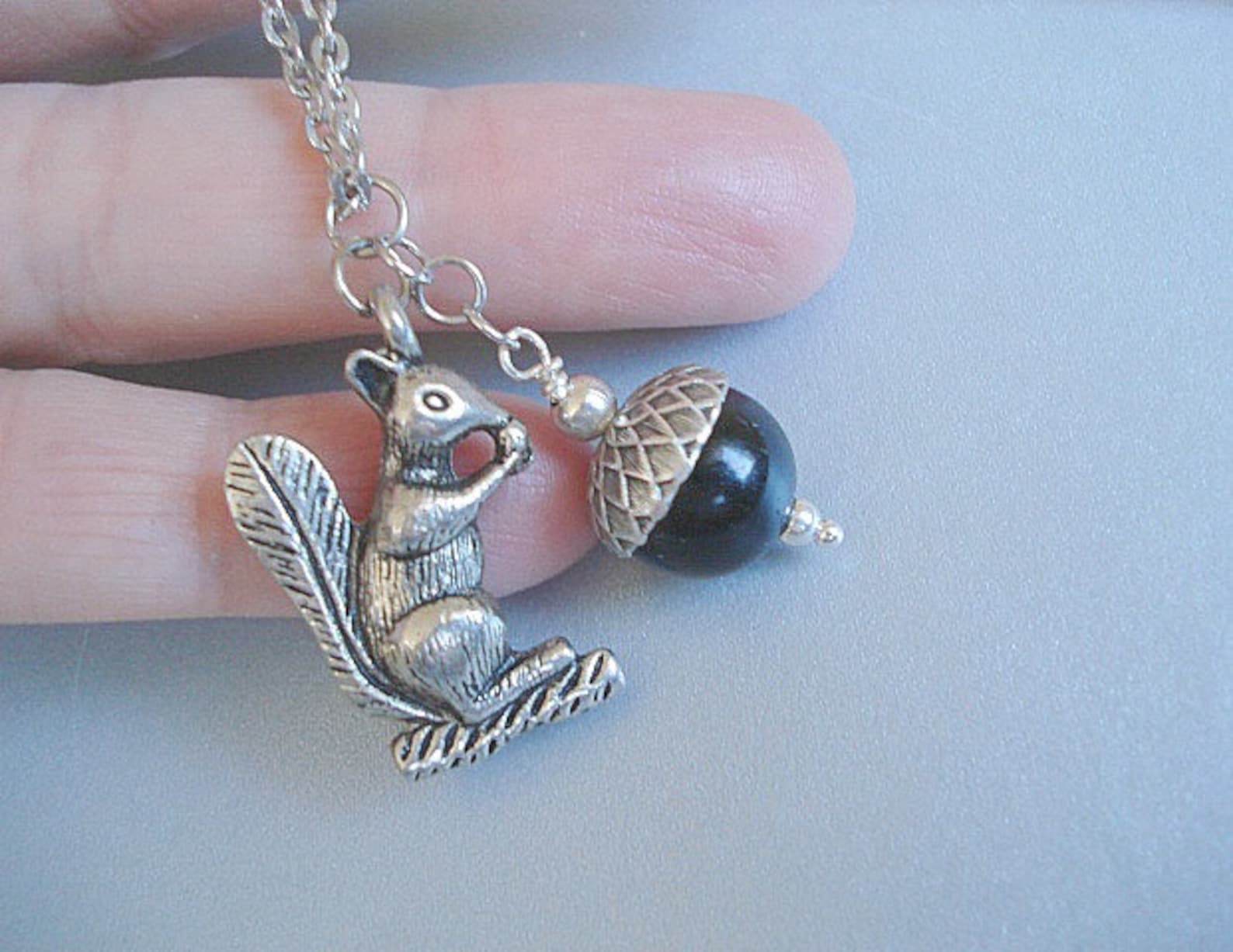 Squirrel Necklace With Acorn Necklace Silver Black Acorn - Etsy