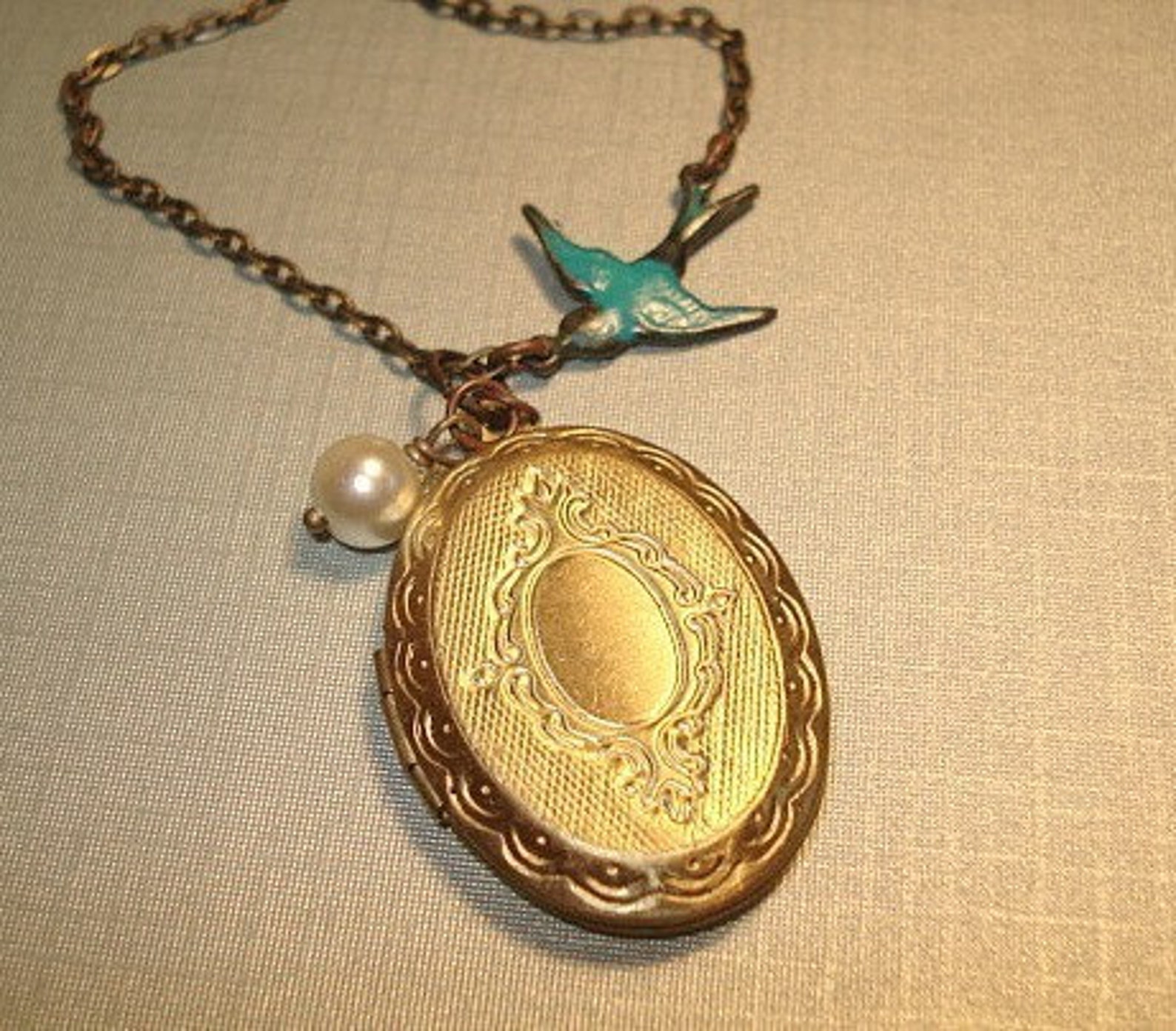 Blue Bird Locket Necklace Brass Oval Locket Vintage Locket - Etsy