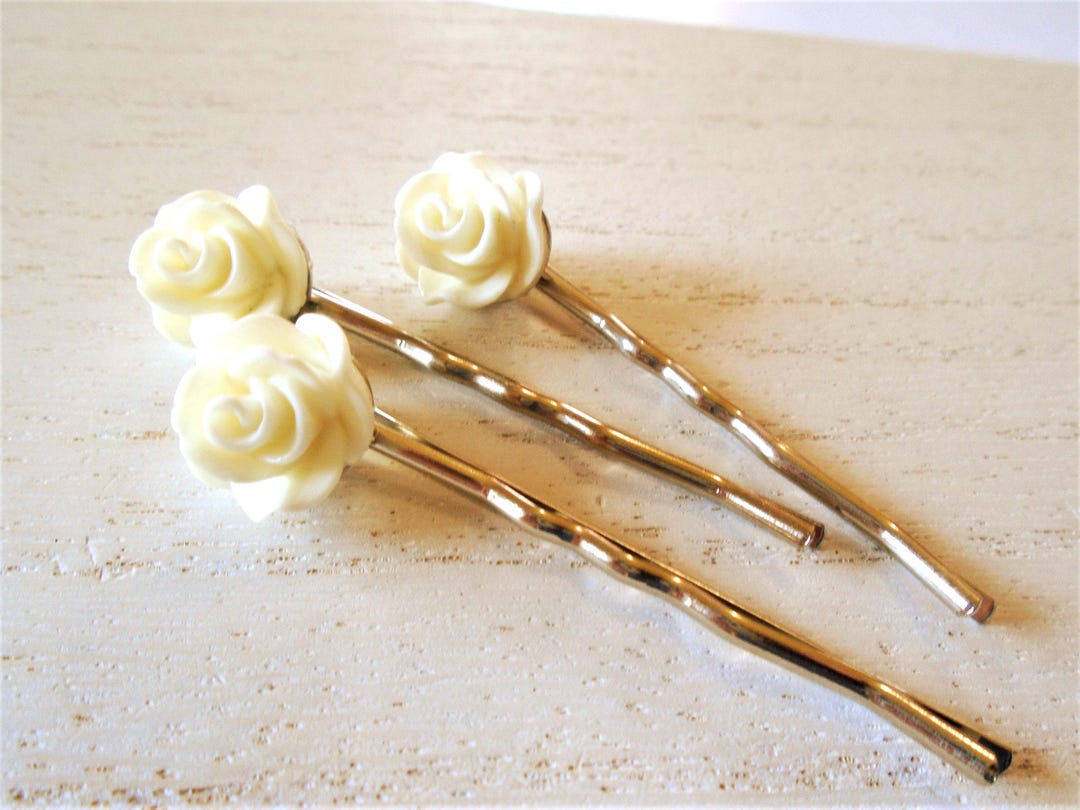 White Rose Hair Pins, Silver Bobby Pins, Wedding Accessory (set of 3 ...