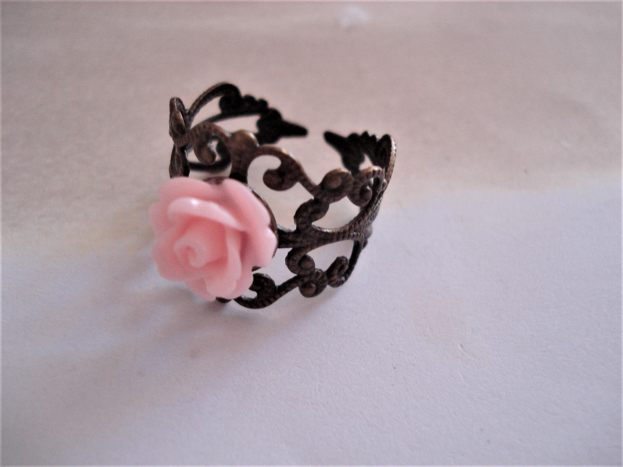 Pink Rose Ring Carved Rose Brass Adjustable Ring Valentines Day Love ...