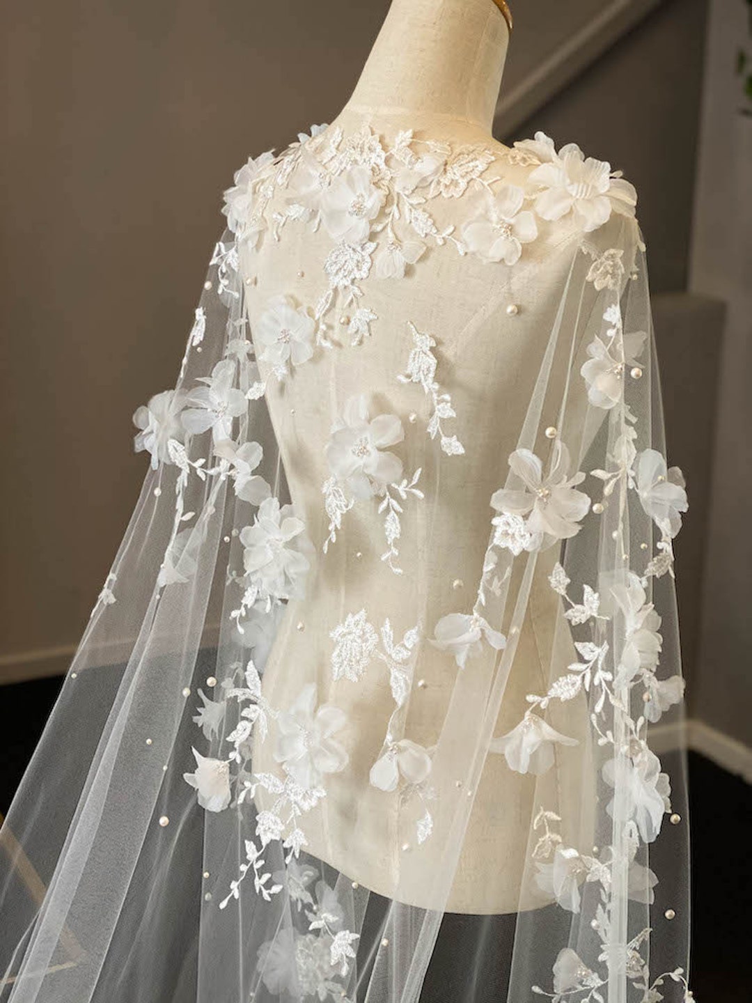 DRAPED IN FLOWERS | Bridal Cape With Pearls Flowers Lace, Cathedral ...