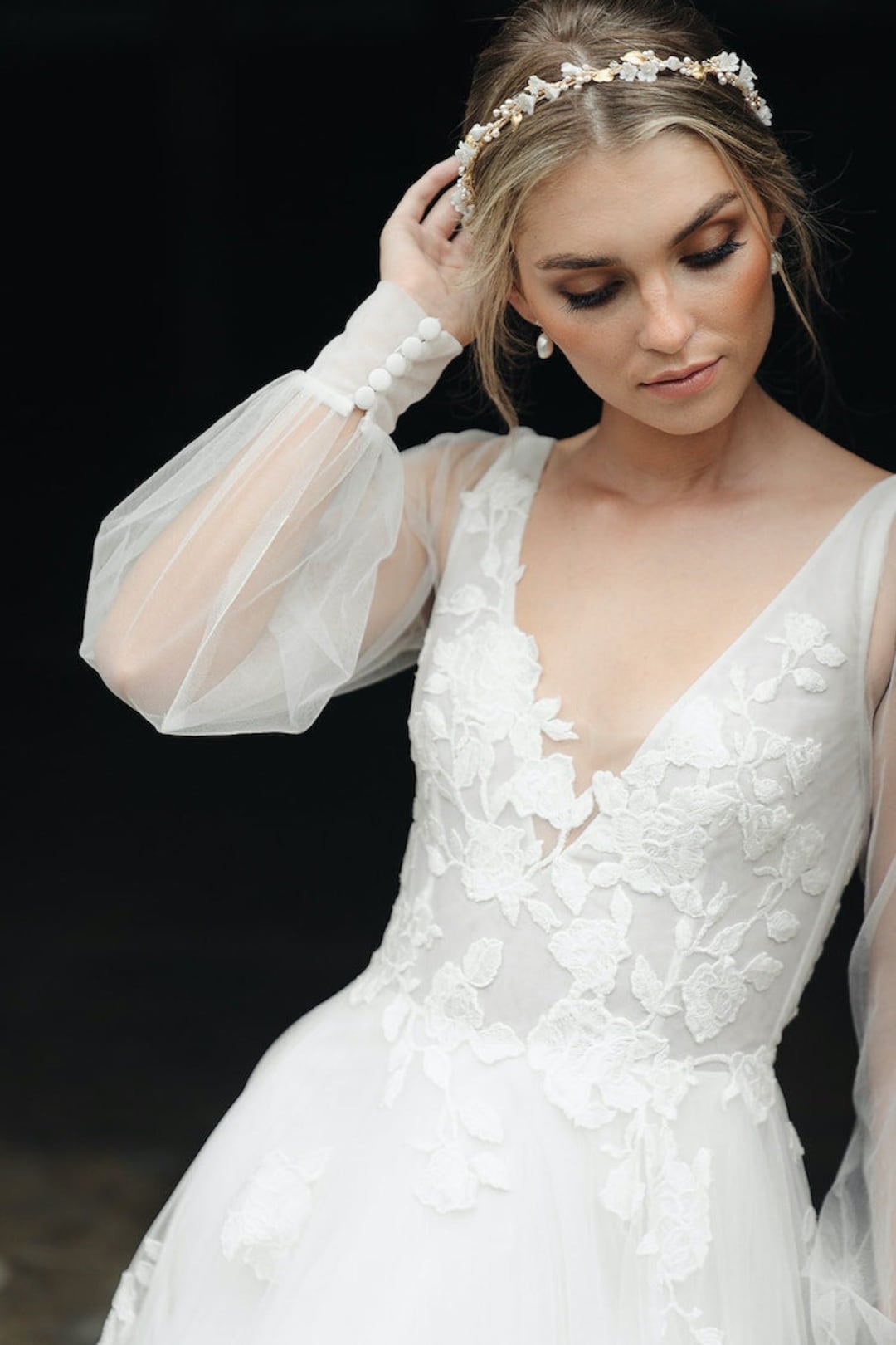 FREYA | Dainty Wedding Tiara With Flowers, Pearls and Gold Leaves ...