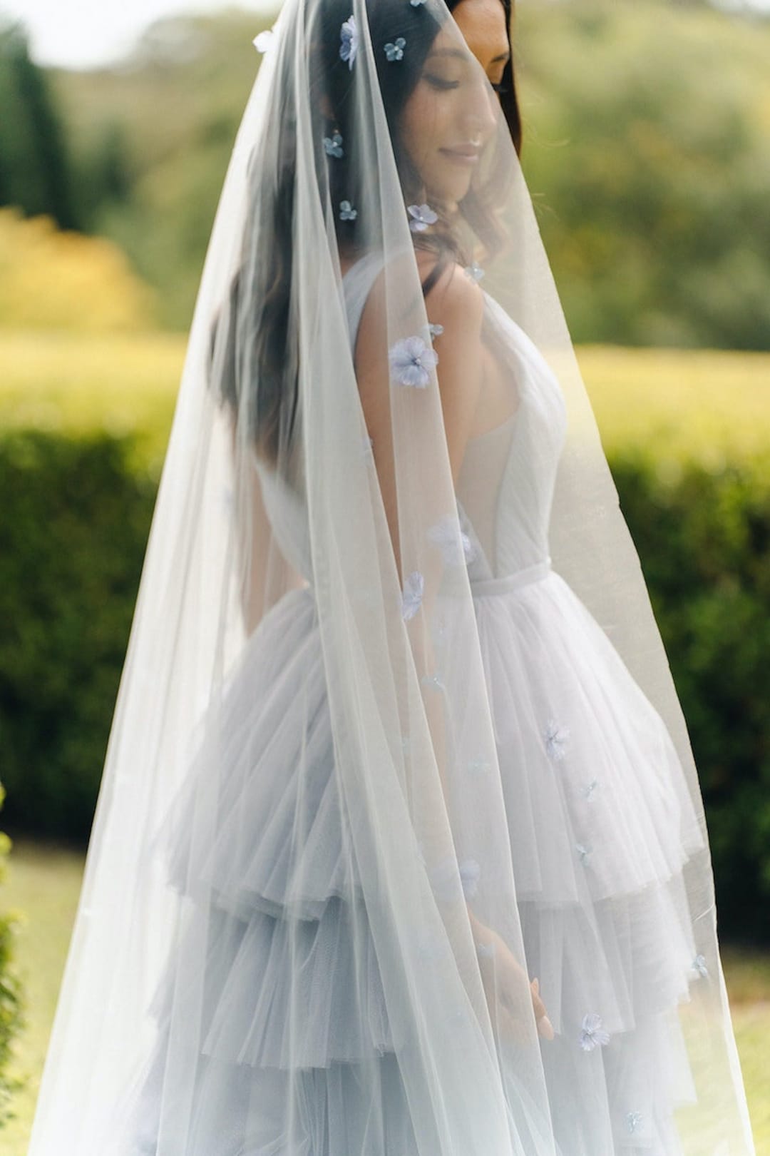 LAVINA | Blue Wedding Veil, Dusty Blue Bridal Veil, Cathedral Veil With ...