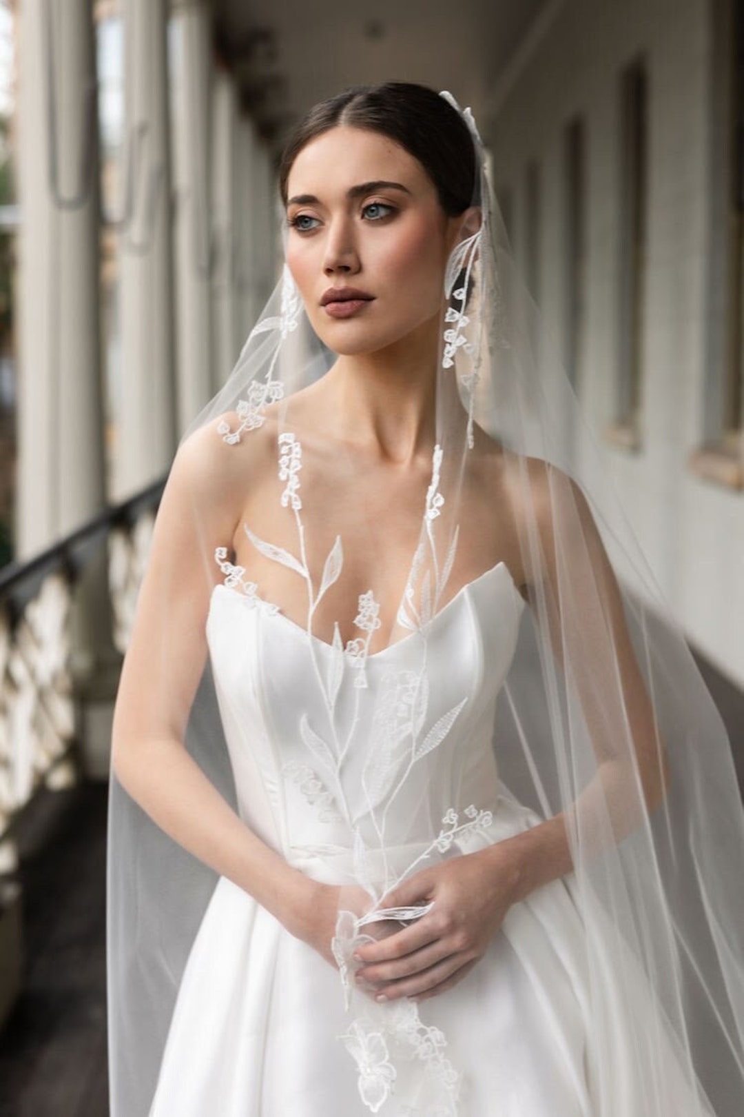 MAY LILY | Embroidered Bridal Veil, Lace Cathedral Veil, Veil With Lily ...