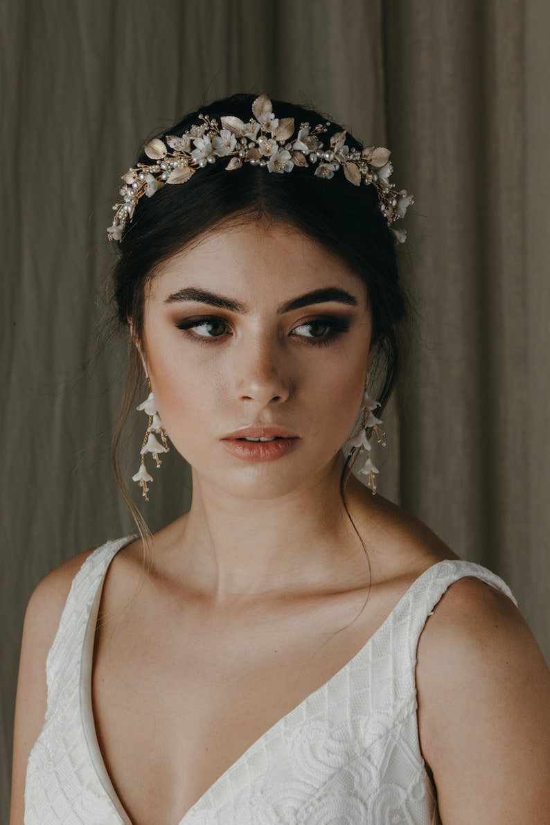 Flores Gold Wedding Crown Crystal Bridal Tiara Gold Bridal Etsy