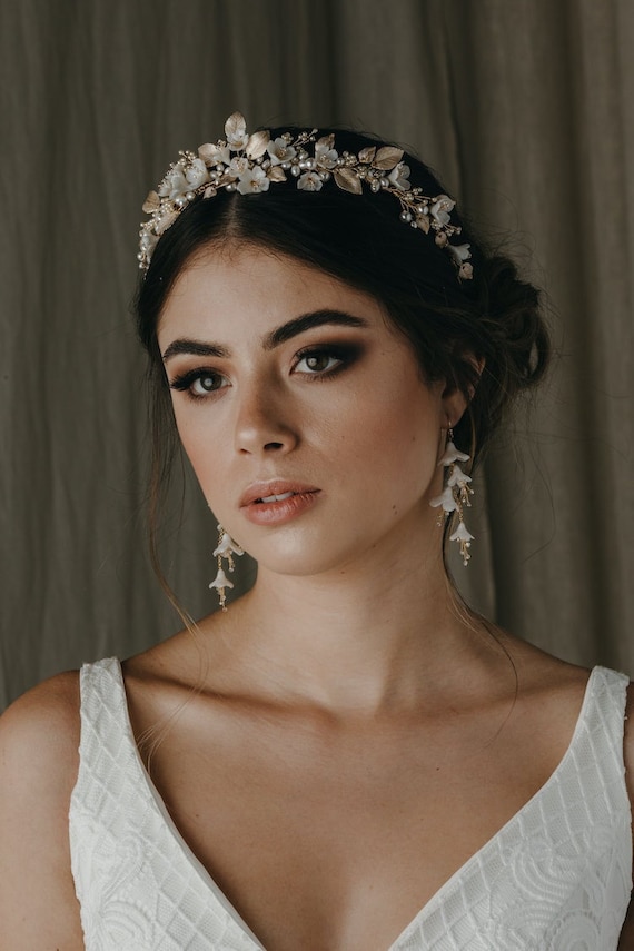 Flores Gold Wedding Crown Crystal Bridal Tiara Gold Bridal Etsy