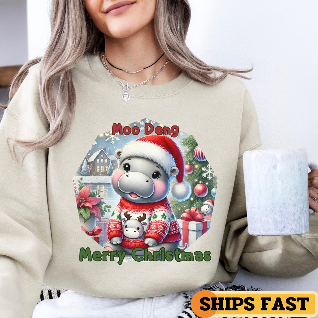 Moo Deng in Festive Santa Hat, Christmas Hippo Sweatshirt, Holiday ...