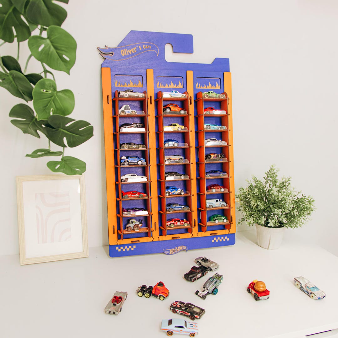 Montessori Toy Car Display Rack | Custom Name Wooden Wall Shelf for ...