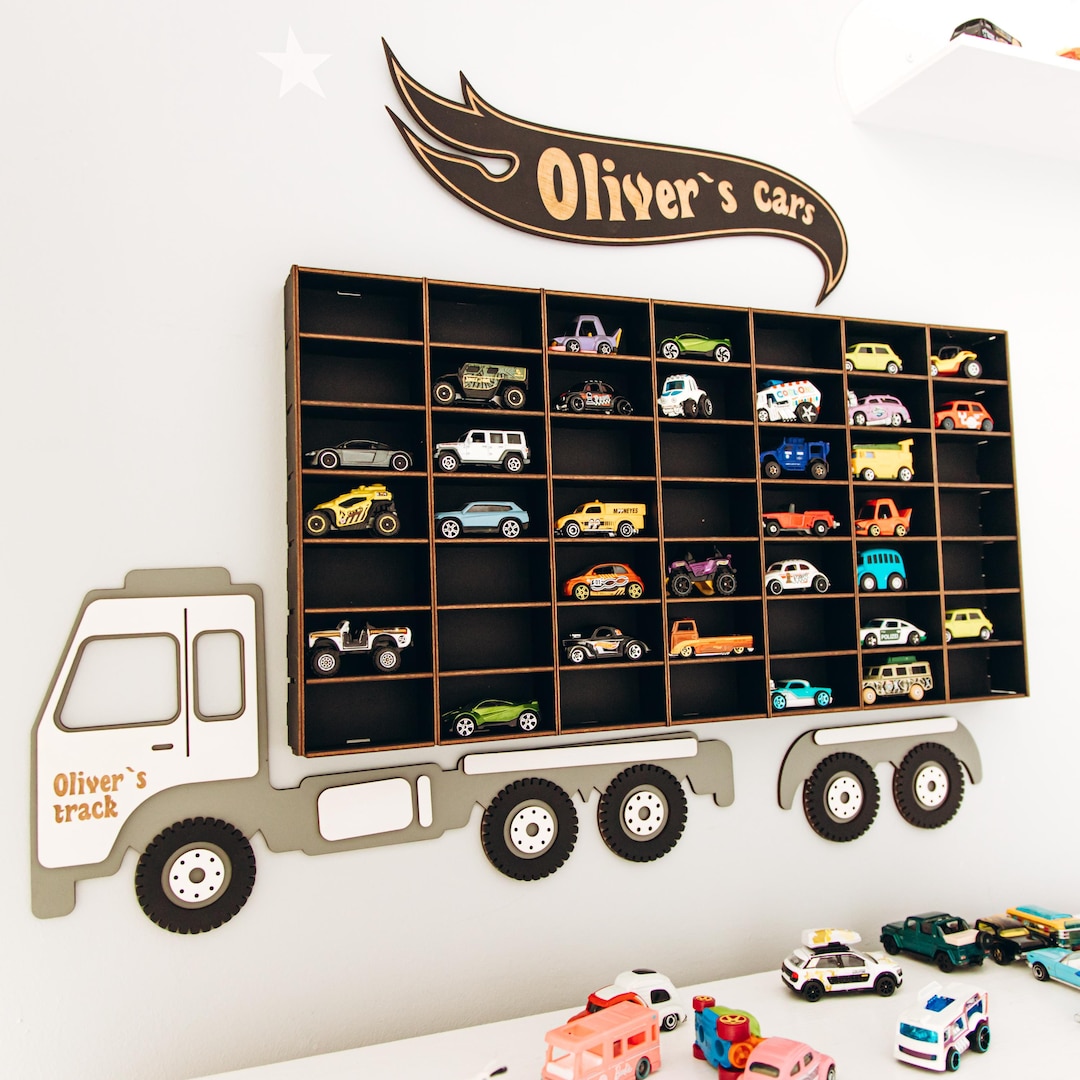Personalized Montessori Toy Car Storage, Wood Toy Car Parking, Wall ...