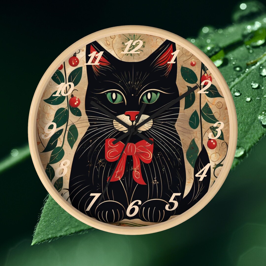 Retro Vintage Black Cat Wall Clock With Red Bow Quirky Cat Decor ...