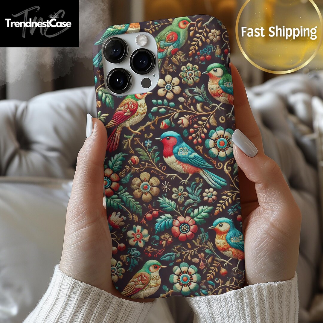 Colorful Embroidered Effect, Birds Phone Case , Floral Vintage Nature ...