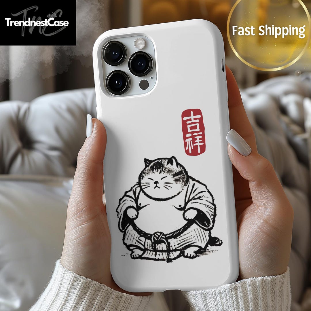 Sumo Cat Phone Case , Japanese-inspired Art With Red Stamp, Tough Phone ...