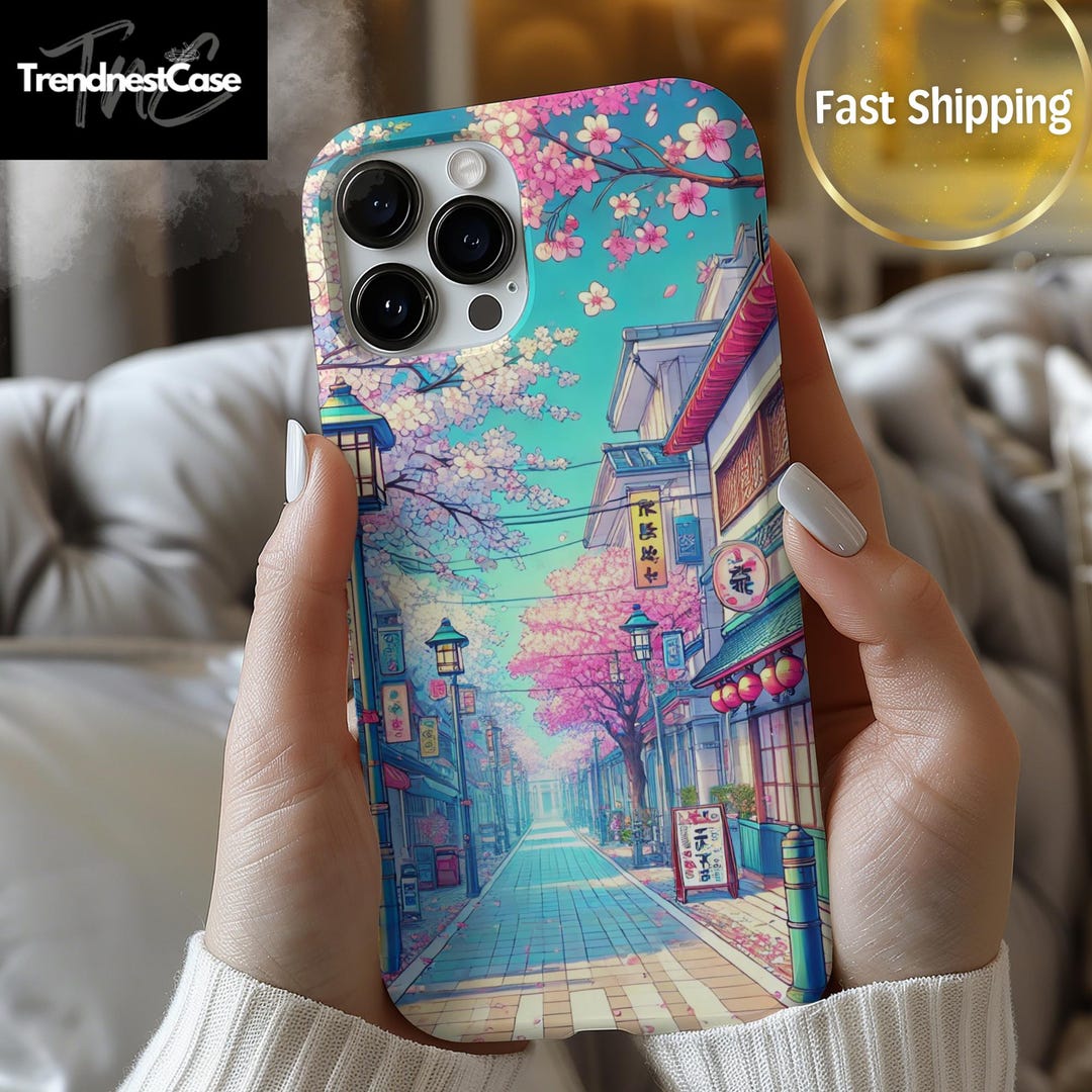 Anime Street iPhone Case, Cherry Blossom Town Vibes, Tough Phone Cover ...