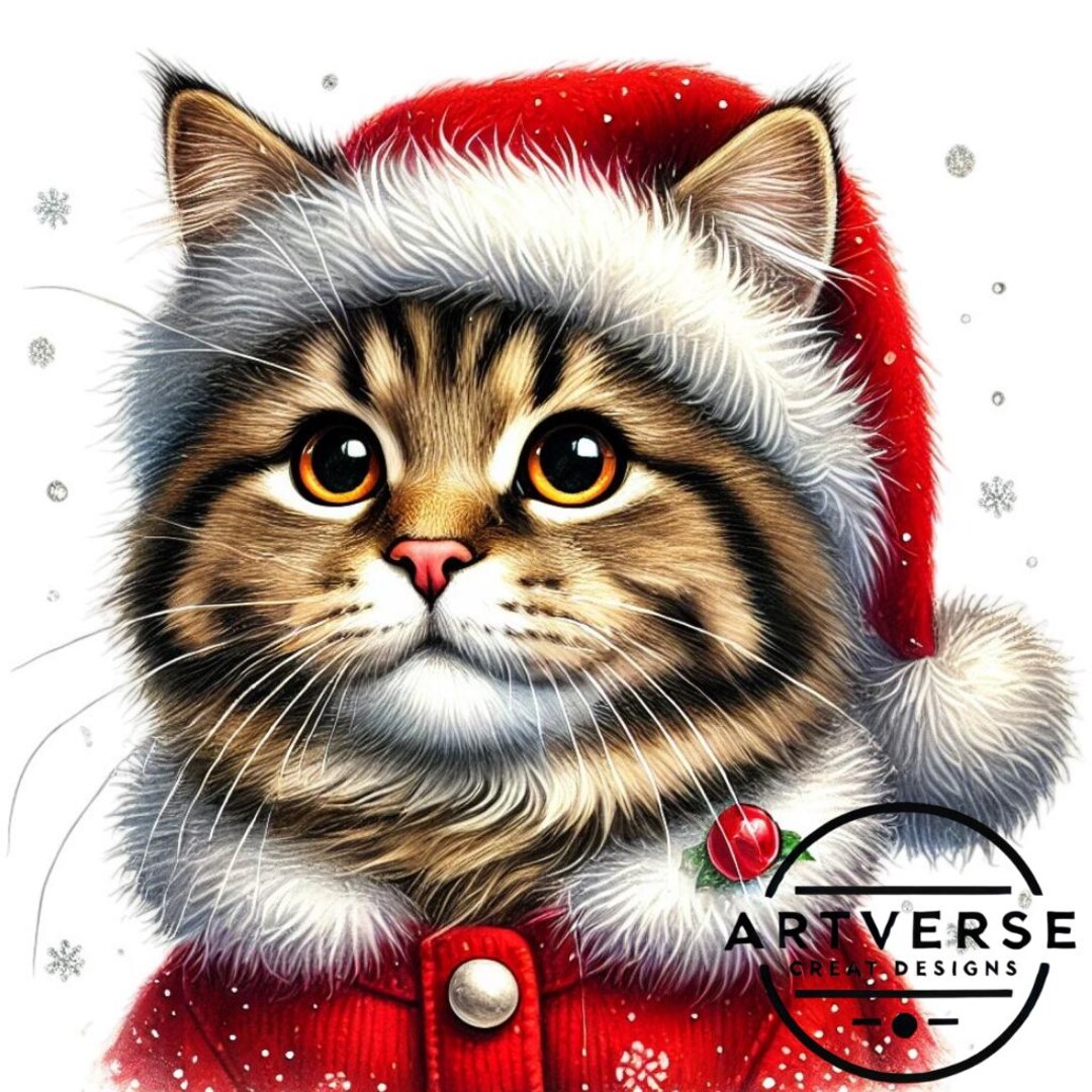 Christmas Cat Digital Art Print, Cute Santa Kitten Illustration ...