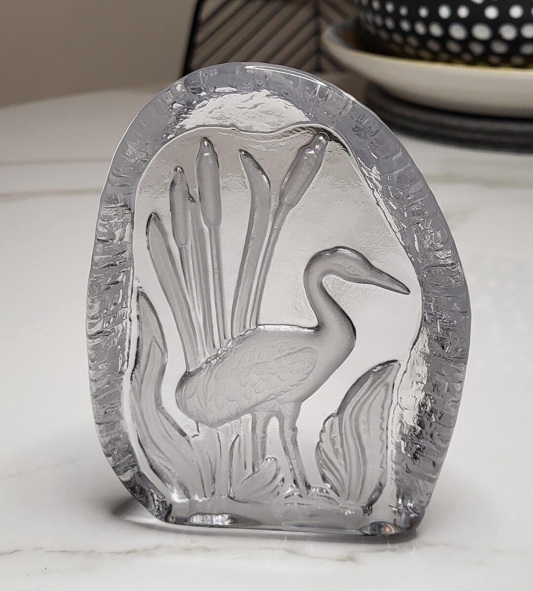 Vintage Goebel Crystal Glass 3D Paperweight, With Heron and Bullrushes ...