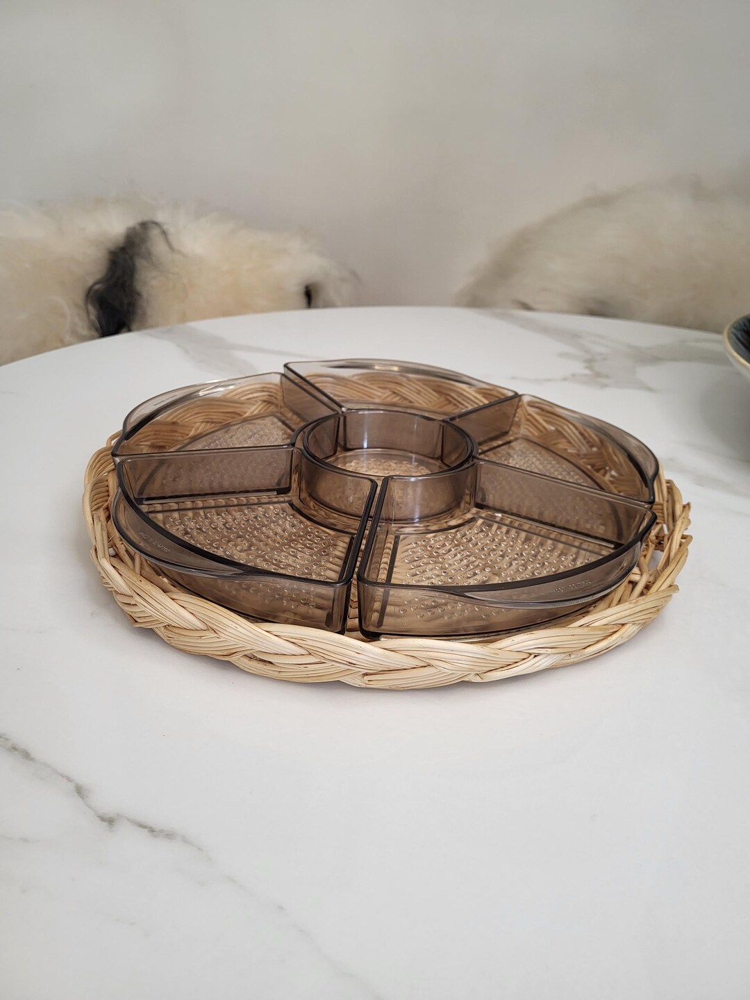 Vintage Wicker Lazy Susan: Denmark Plastic Insert Snack Tray, 1970s ...