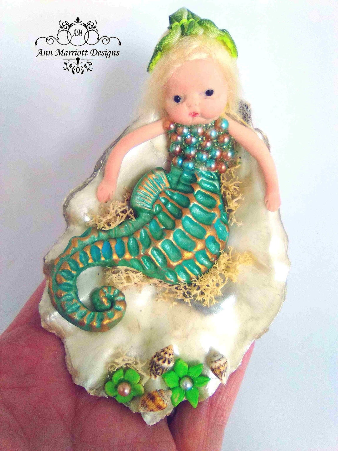 OOAK Polymer Clay Miniature Baby Seahorse Mermaid in Real Shell Art ...