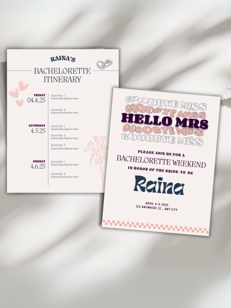 Bachelorette Invitation and Itinerary Template, Pink, Retro, Beachy ...