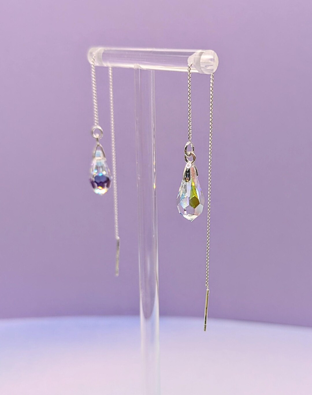 Swarovski Teardrop Threader Earrings: Aurora Borealis Dangle Crystal ...