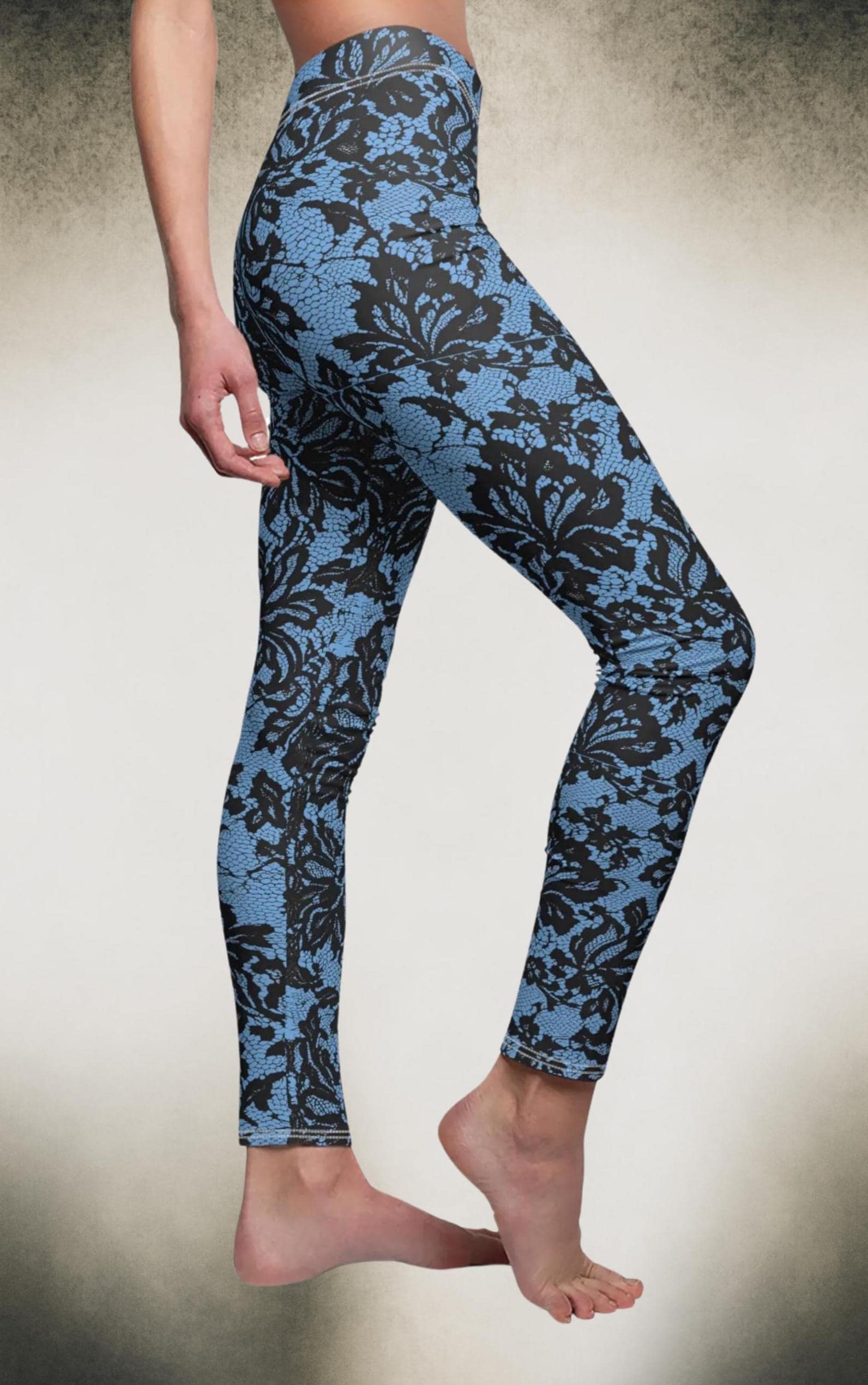 Blue Floral Leggings Women Mid Rise, Black Lace Style Yoga Pants ...