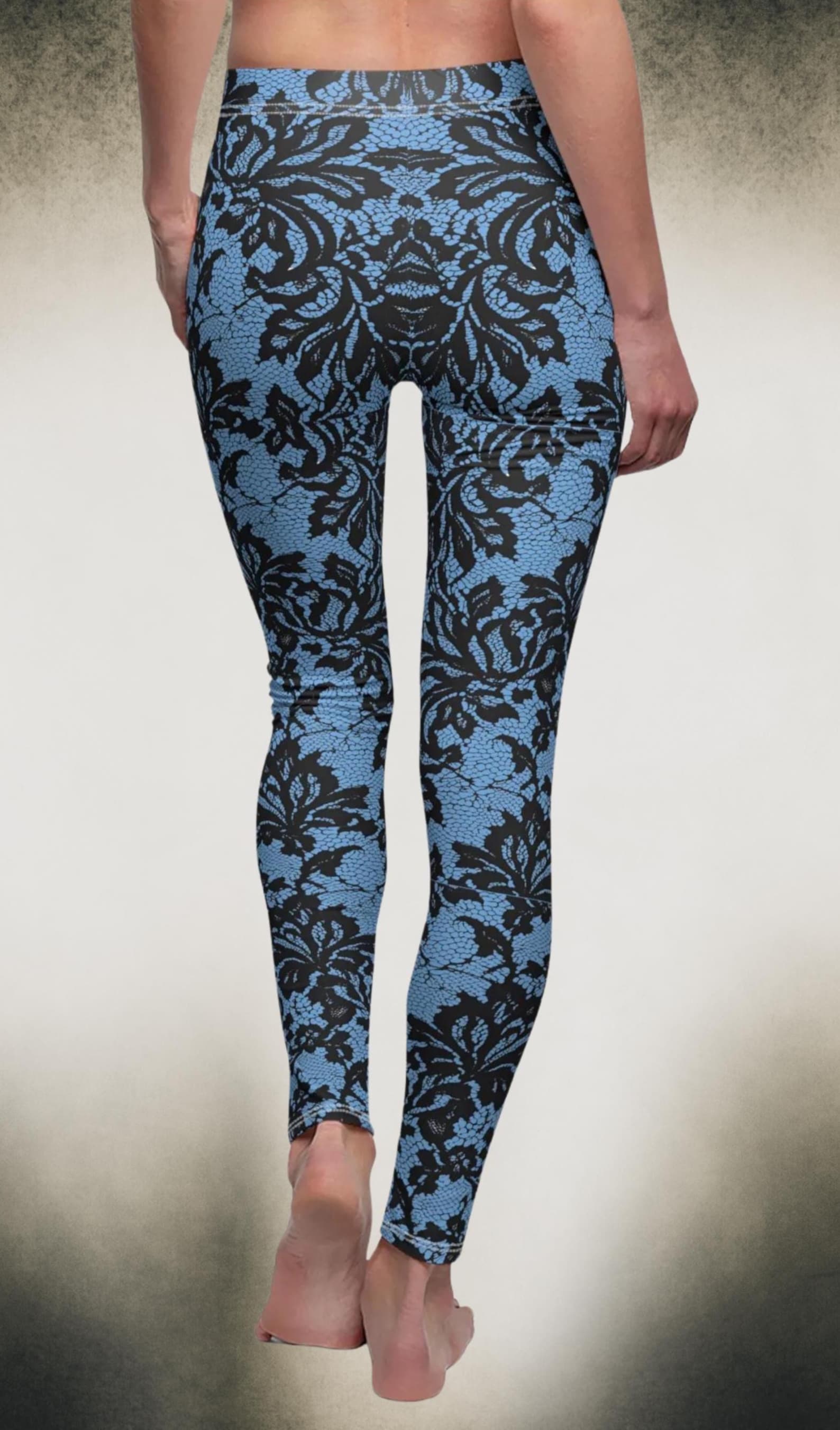 Blue Floral Leggings Women Mid Rise, Black Lace Style Yoga Pants ...