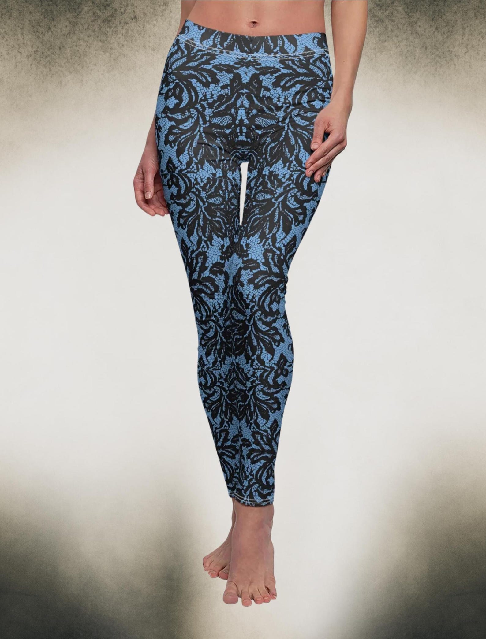 Blue Floral Leggings Women Mid Rise, Black Lace Style Yoga Pants ...
